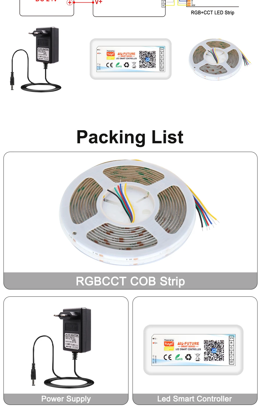 Tuya Zigbee RGBCCT COB LED Light Strip Kit 24V RGBCCT Led Light Strip WiFi Dimmable Tape Led ...