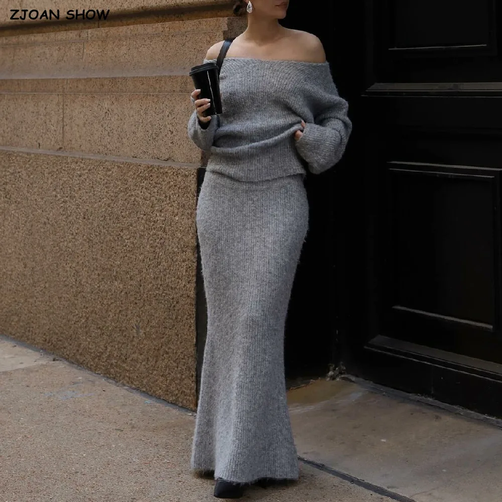 2024-Women-Autumn-Gray-Knitted-Big-V-neck-Bat-wing-Sleeve-Sweater-High ...