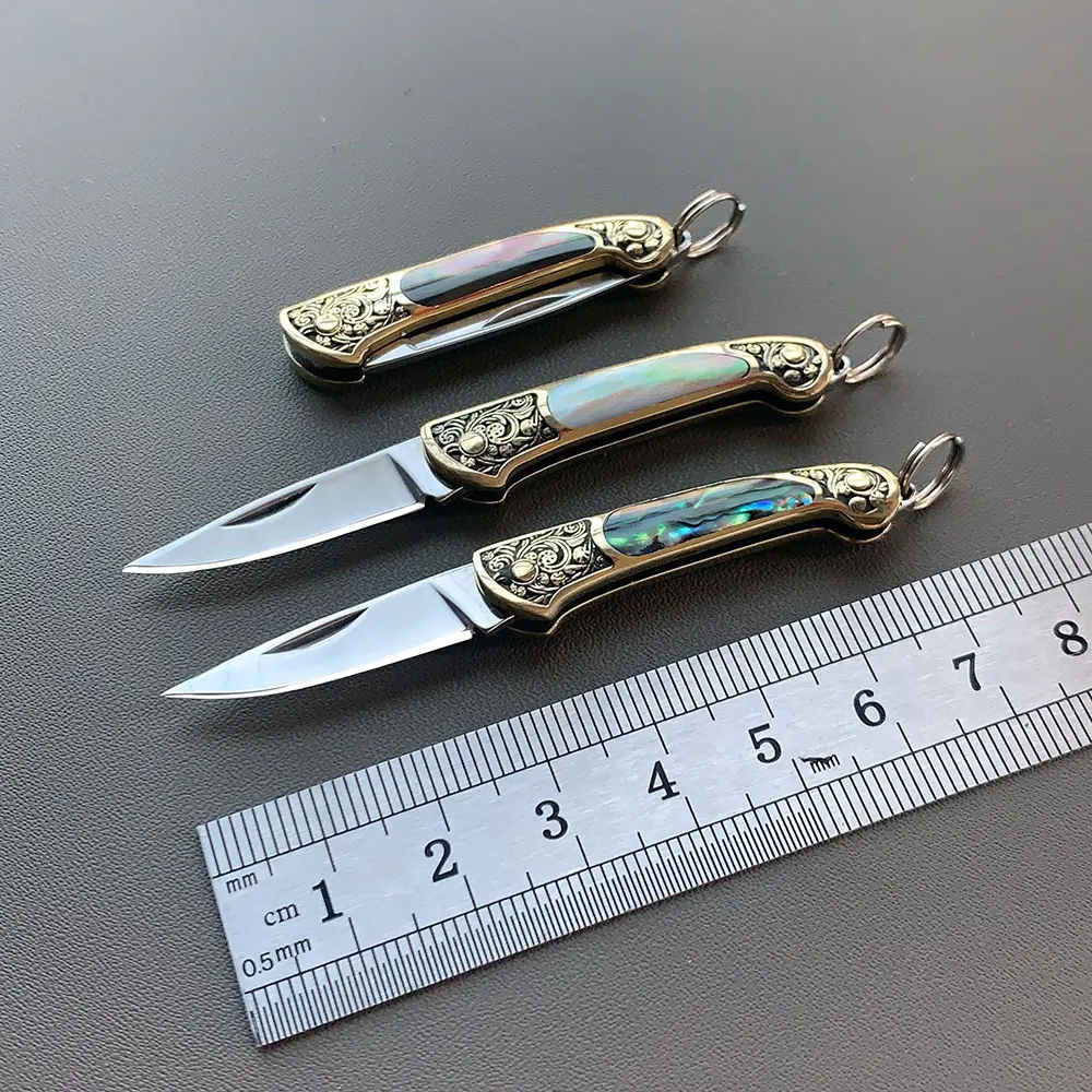 Shell-Brass-Handle-Mini-Folding-Knife-Small-Stainless-Steel-Sharp ...