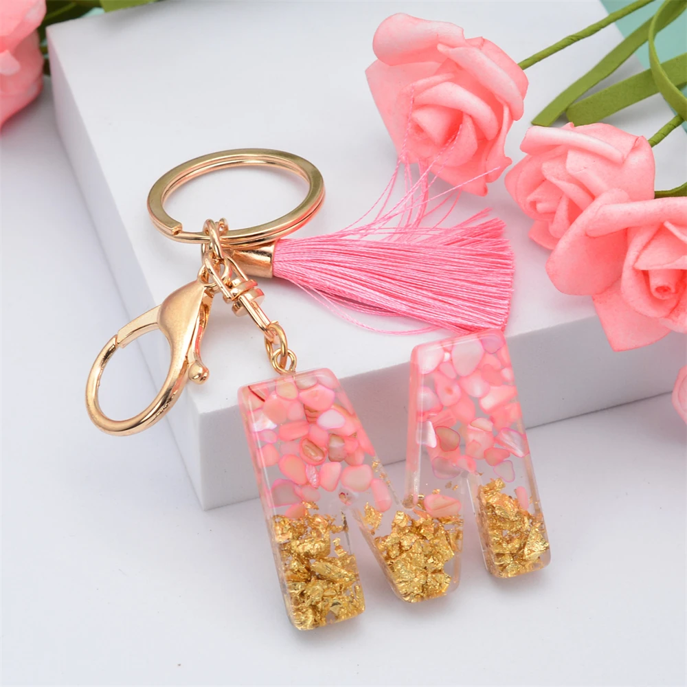 Exquisite Pink Tassel Gold Foil 26 Letter Pendent Keychain for Girl ...