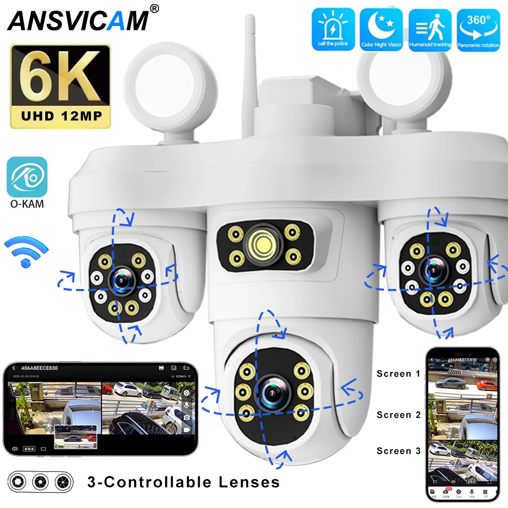 Outdoor 6K 12MP WiFi IP Camera 3 Controllable PTZ Lens Color Night ...