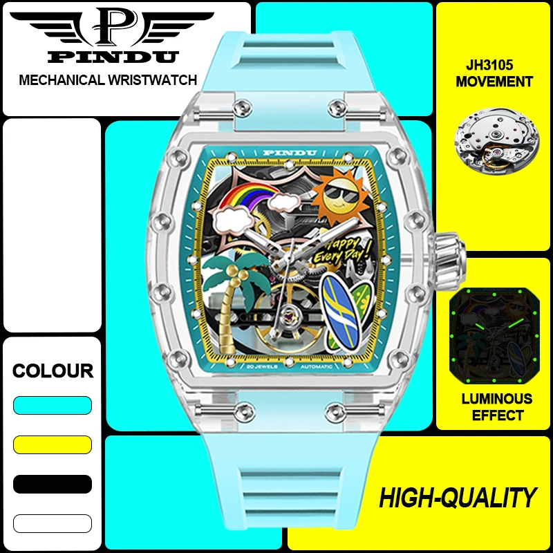 NEW PINDU Fashion Men's Automatic Watch Silicone Strap Acrylic Tonneau ...