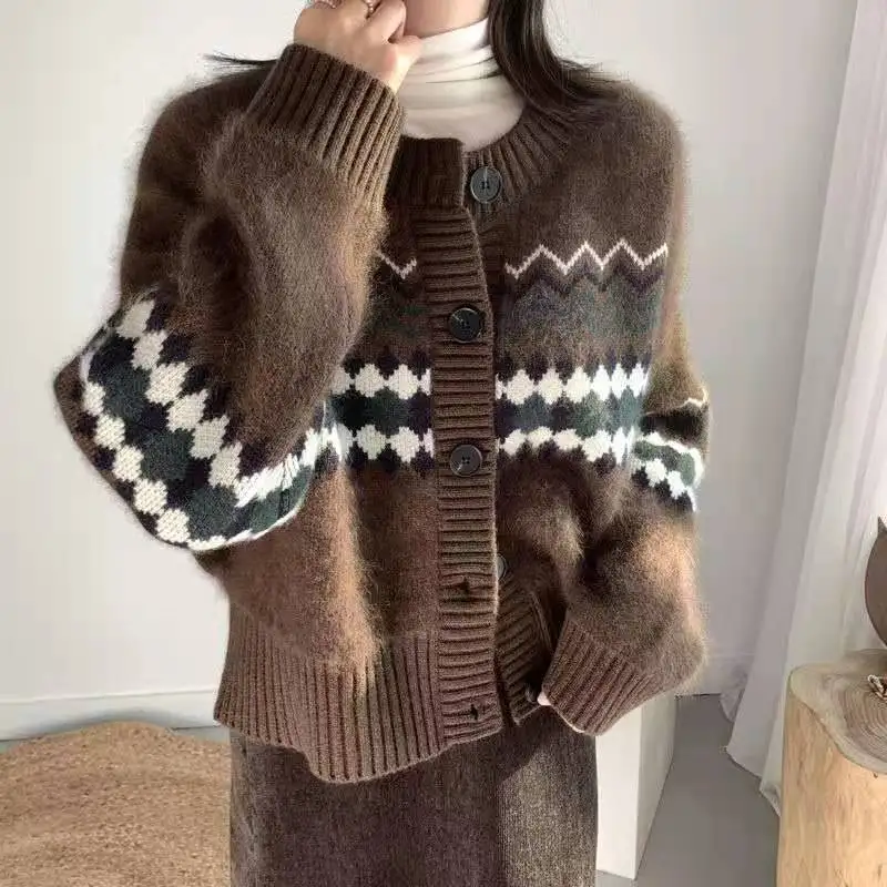 Casual Brown Cardigan For Woman Korean Fashion Sweater College Style ...