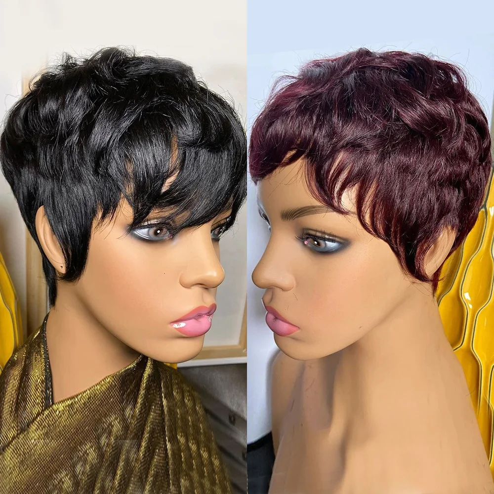 Perruque de Cheveux Humains Courts Rouge Bordeaux 99J avec Frange pour ...