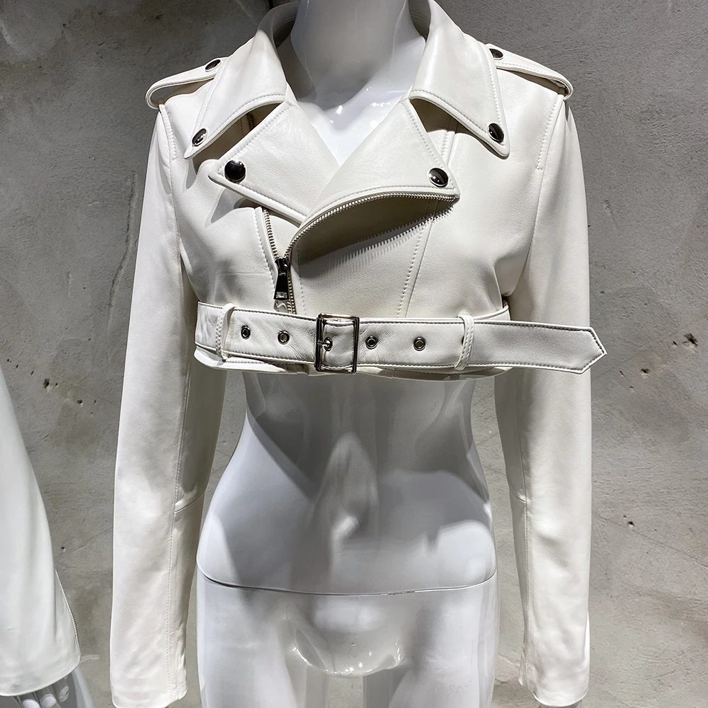 YOLOAgain Women's Real Leather Cropped Jacket Sheepskin White Jacket ...