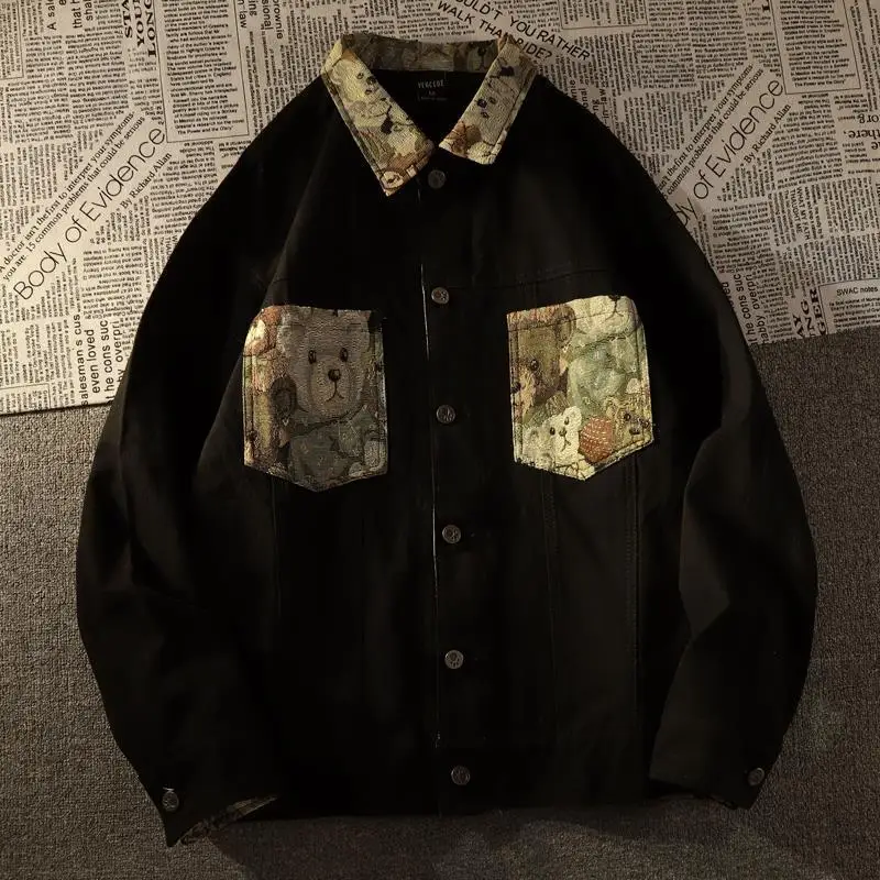 Contrast-Color-Stitching-Cartoon-Bear-Print-Shirt-Men-s-Trundown-Collar ...