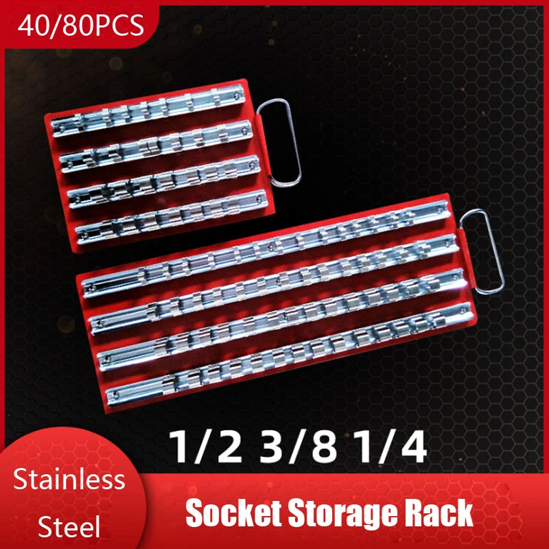 1/4" 3/8" 1/2" Socket Rack Holder Stainless Steel with 16 Clips ...