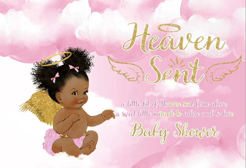 7x5FT-Gold-Pink-Heaven-Sent-African-Girl-Baby-Shower-Party-Clouds-Custom-Photo-Backdrop ...