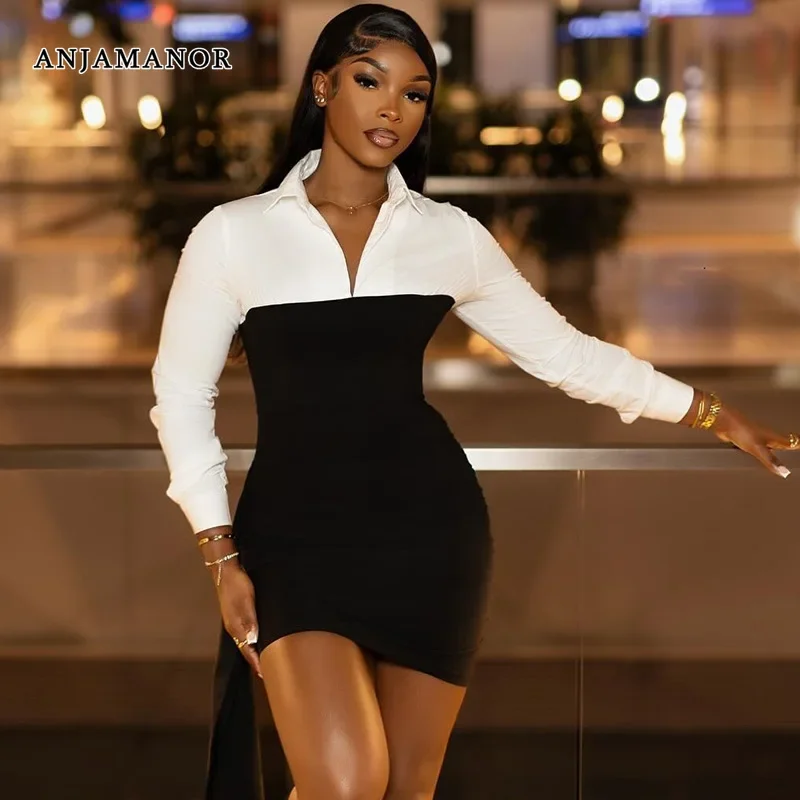 ANJAMANOR Black and White Patchwork Long Sleeve Dresses Women Clothing ...