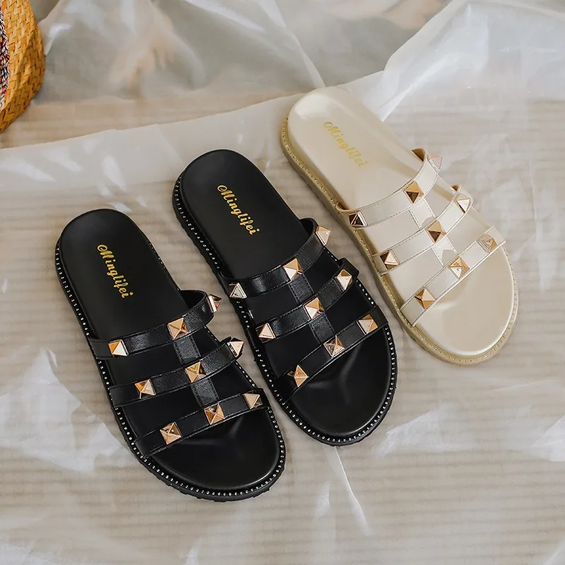 2024-New-Elegant-Summer-Woman-Round-Toe-1-5cm-High-Slippers-Outside ...