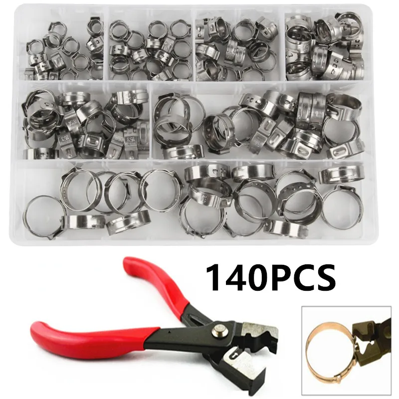 140pcs Assorted 7 21mm Single Ear Stepless Hose Clamps +1PC Hose Clip ...