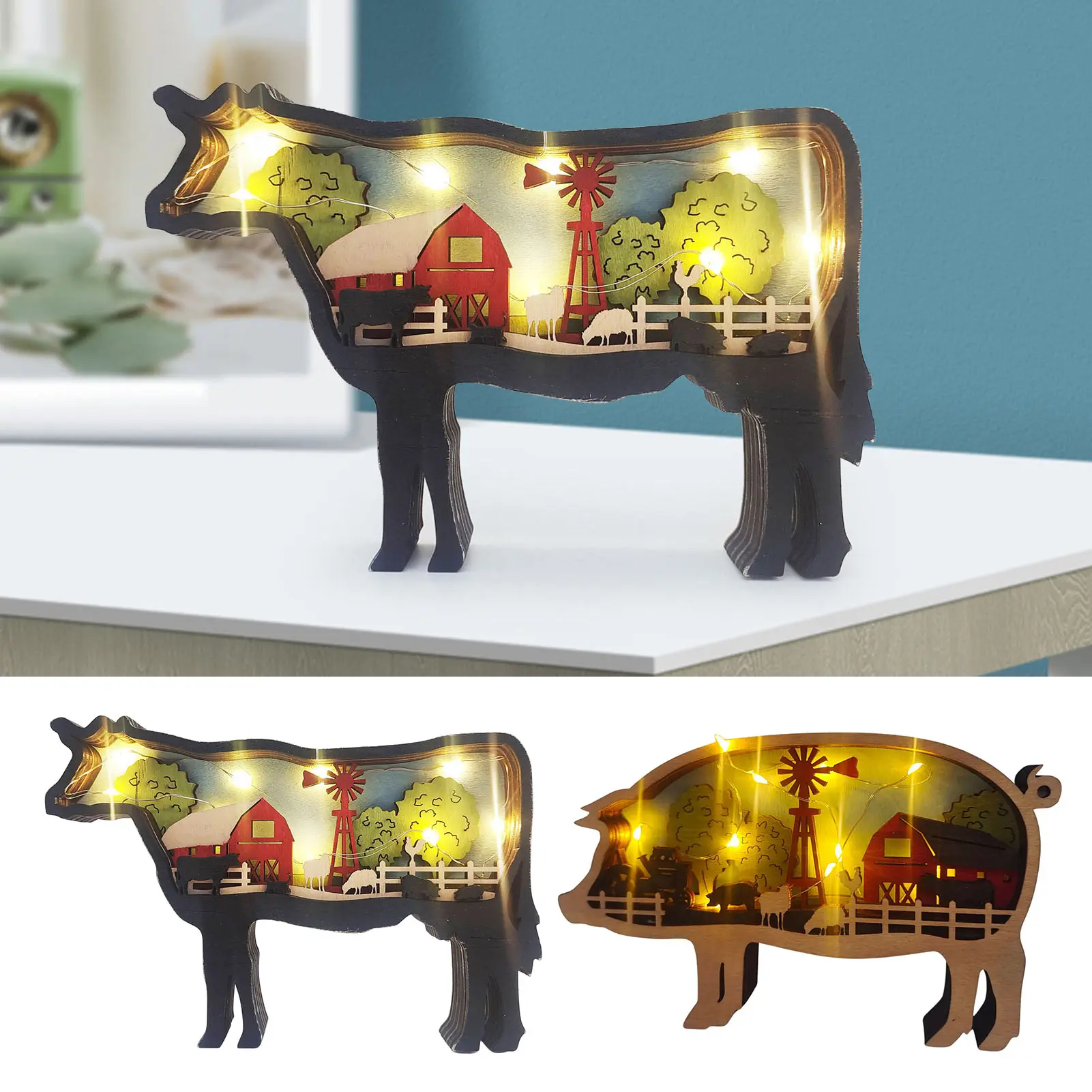 3D-Wooden-Pig-cow-Lamp-Wood-Carving-Animal-Crafts-Led-Table-Lights ...