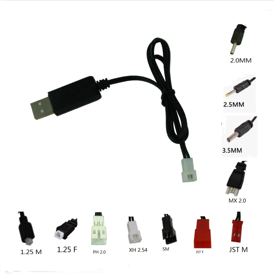 3.7V USB Charging Cable JST SM 1.25 2.0 2.5 3.5 MX2.0 Plug Lithium ...
