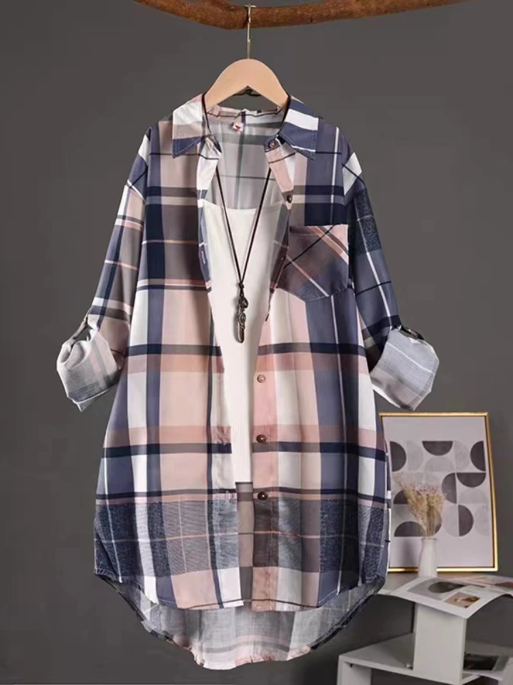 Cotton-Plaid-Mid-Length-Blouses-Autumn-Casual-New-Loose-Button-Blouses ...