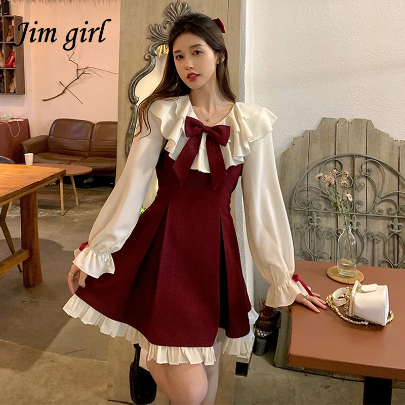 일본 빈티지 로리타 드레스 세트 귀여운 활 카와이 피터팬 칼라 퍼프 슬리브 셔츠 하이 웨스트 플리츠 미니 스커트 레이디 의상