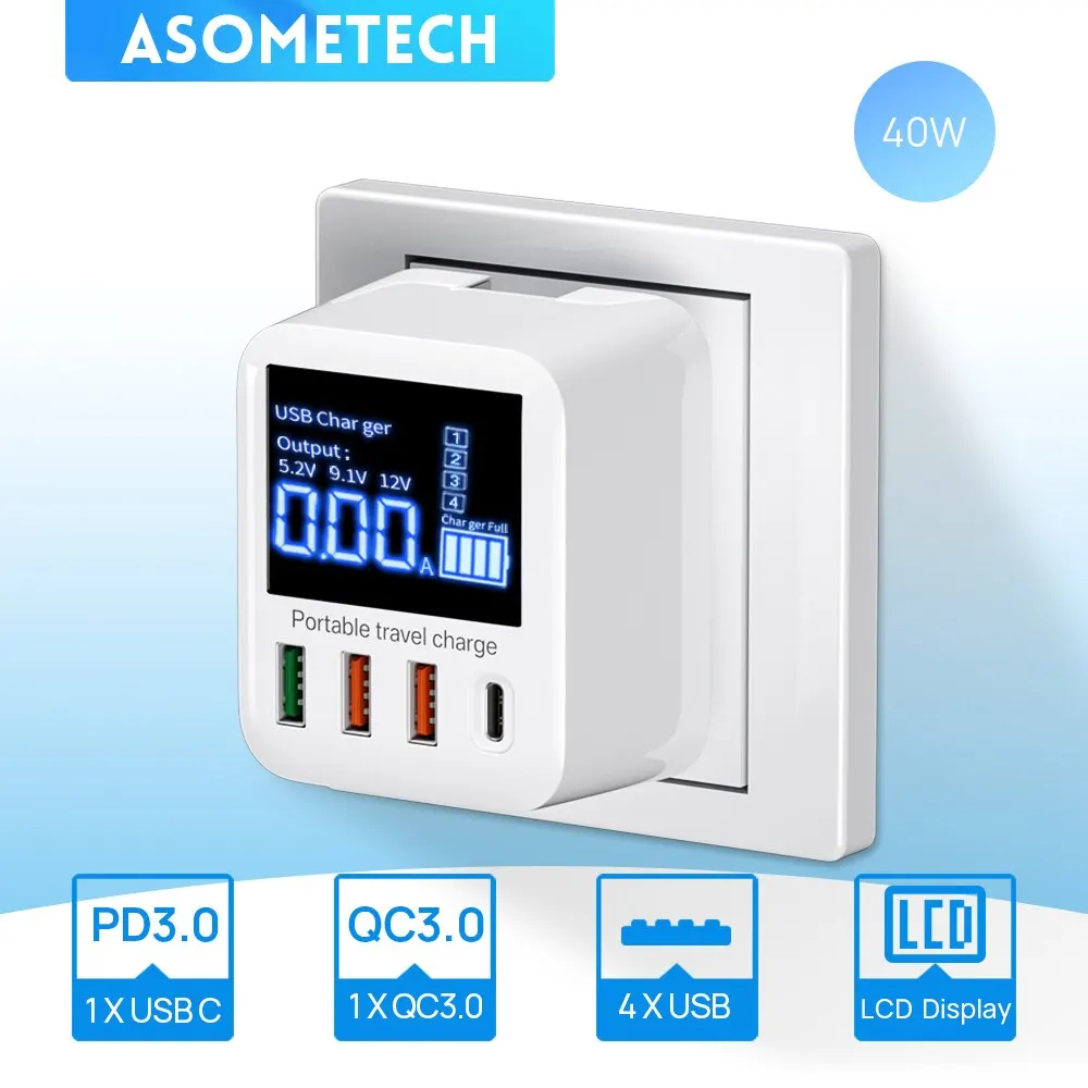 ASOMETECH 40W USB Wall Charger 4 Port With LED Display QC3.0 PD3.0 USB Fast Charger For iPhone ...