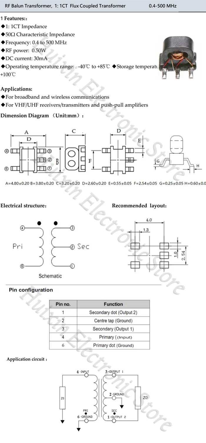 5 шт. RF balun transformer TC1-1T 0.4-500MHz 50 Ом | AliExpress