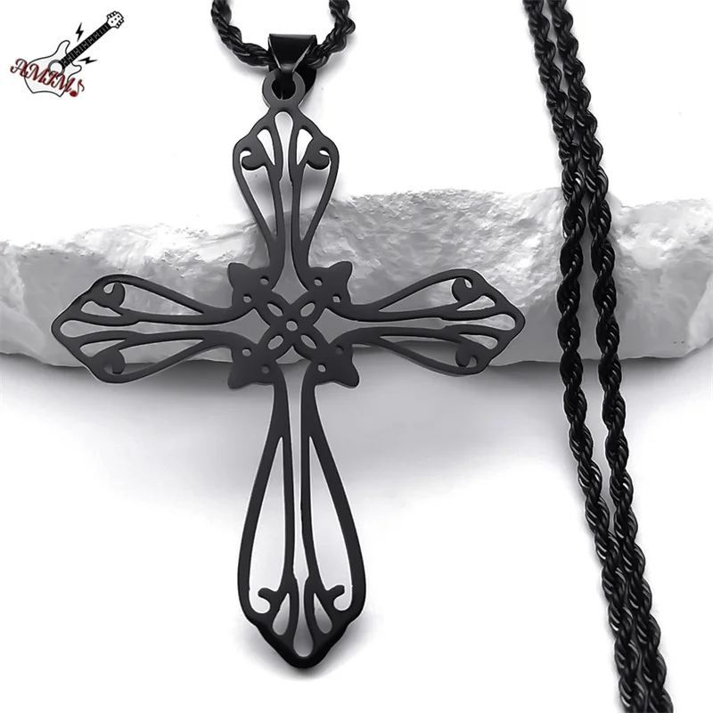 Goth-Cross-Chain-Necklace-for-Women-Men-Stainless-Steel-Black-Color ...