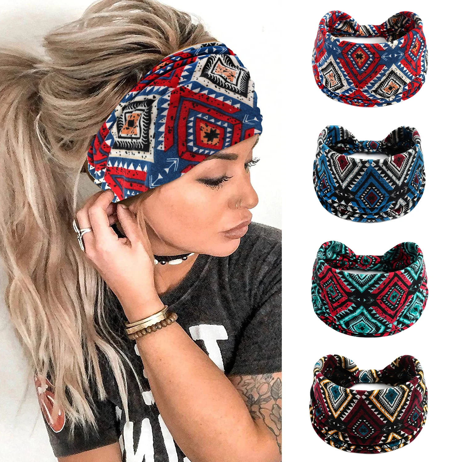 Wide Boho Headbands for Women Girls Elastic Turban Headwrap Knot Non ...