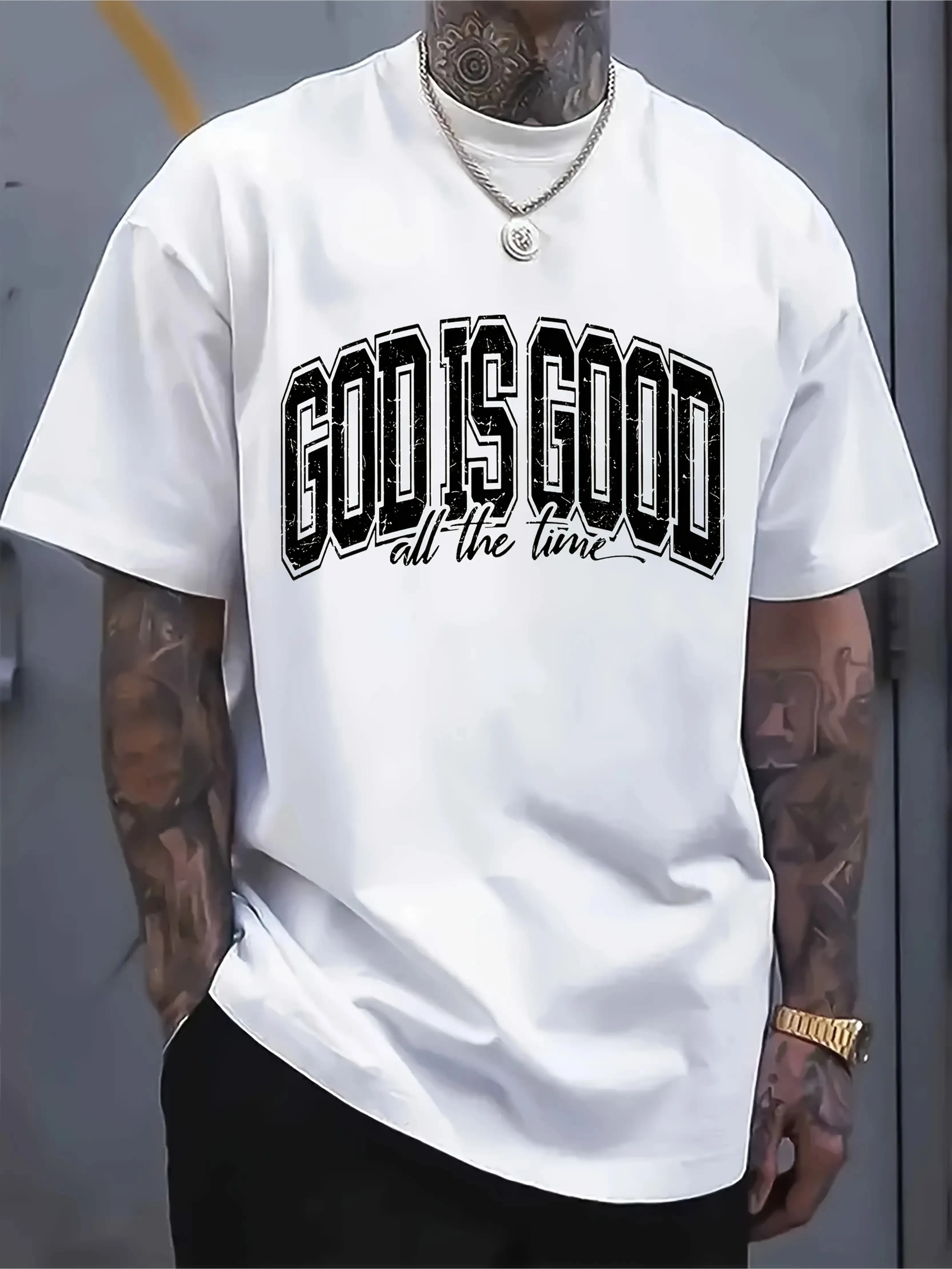 Men'S White God is Good Bold Letter Print T-Shirt Round Neck Casual ...