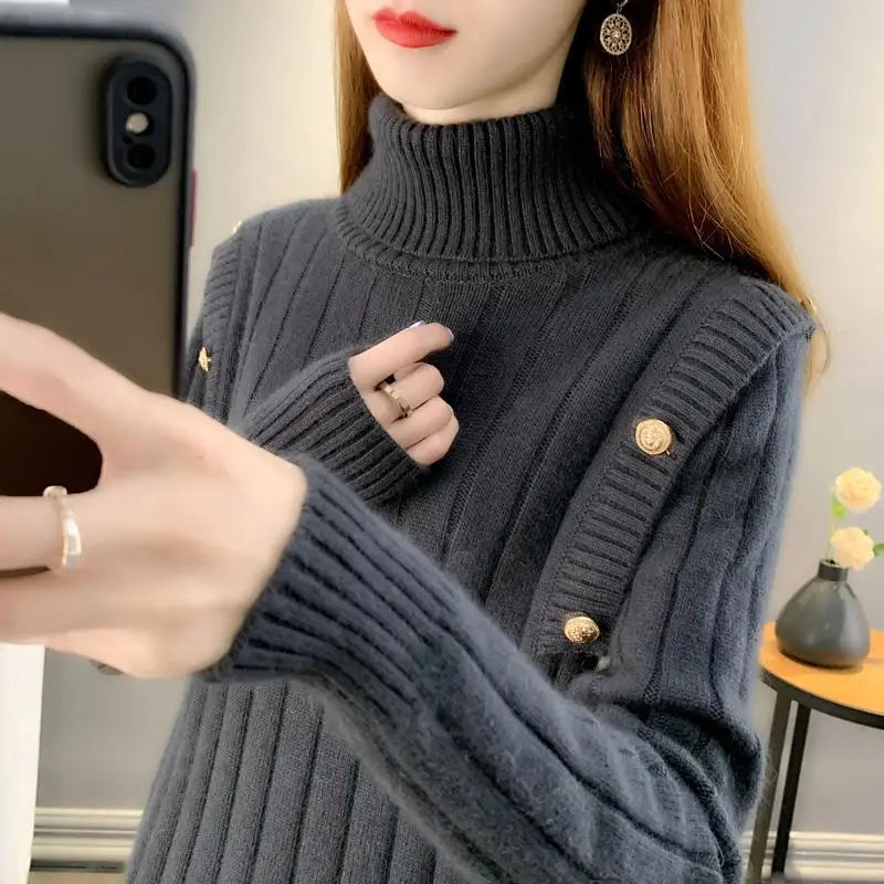 Autumn-Winter-Women-s-Turtleneck-Pullover-Solid-Button-Flocking-Long ...