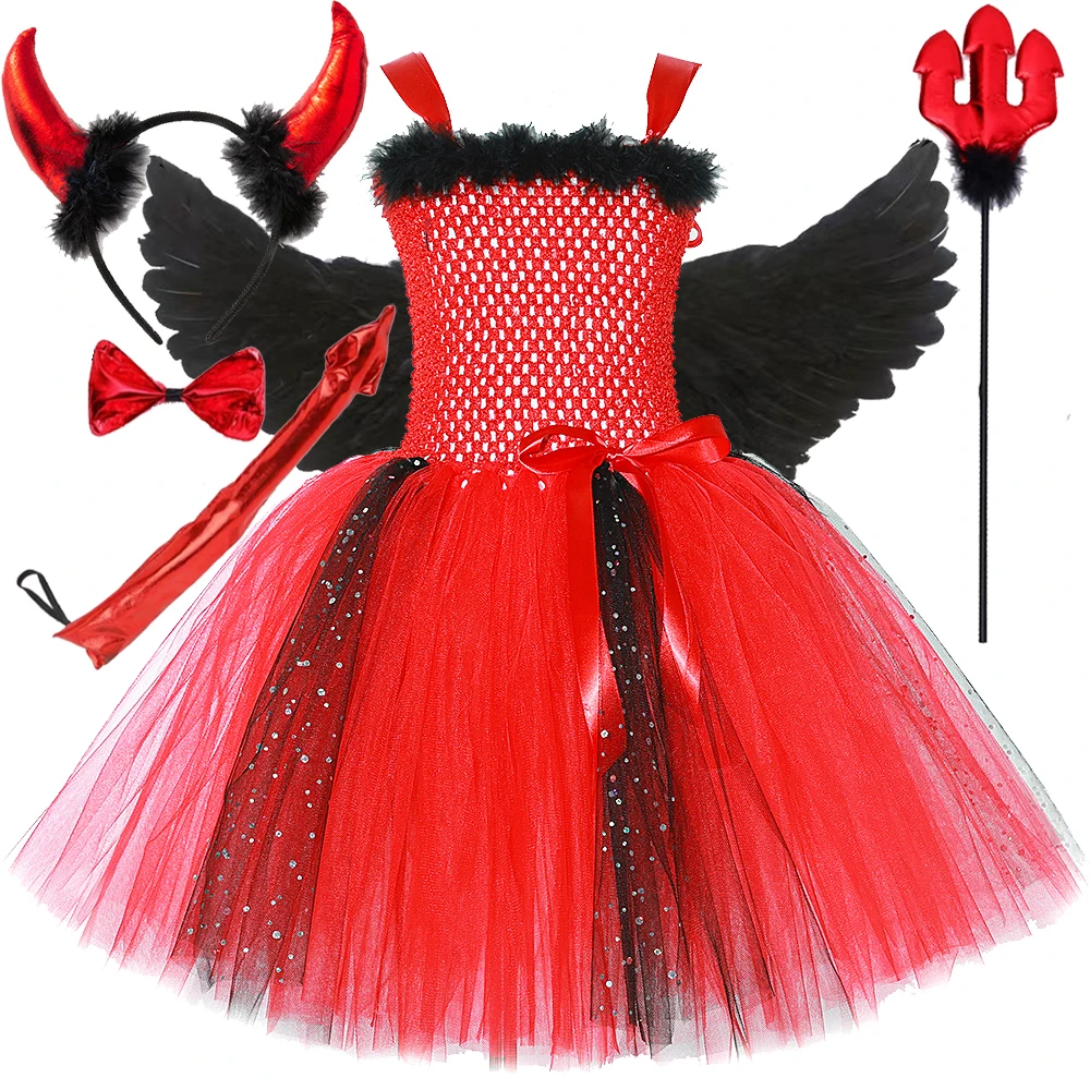 Halloween Red Devil Costumes for Girls Demon Angel Fancy Tutu Dress ...