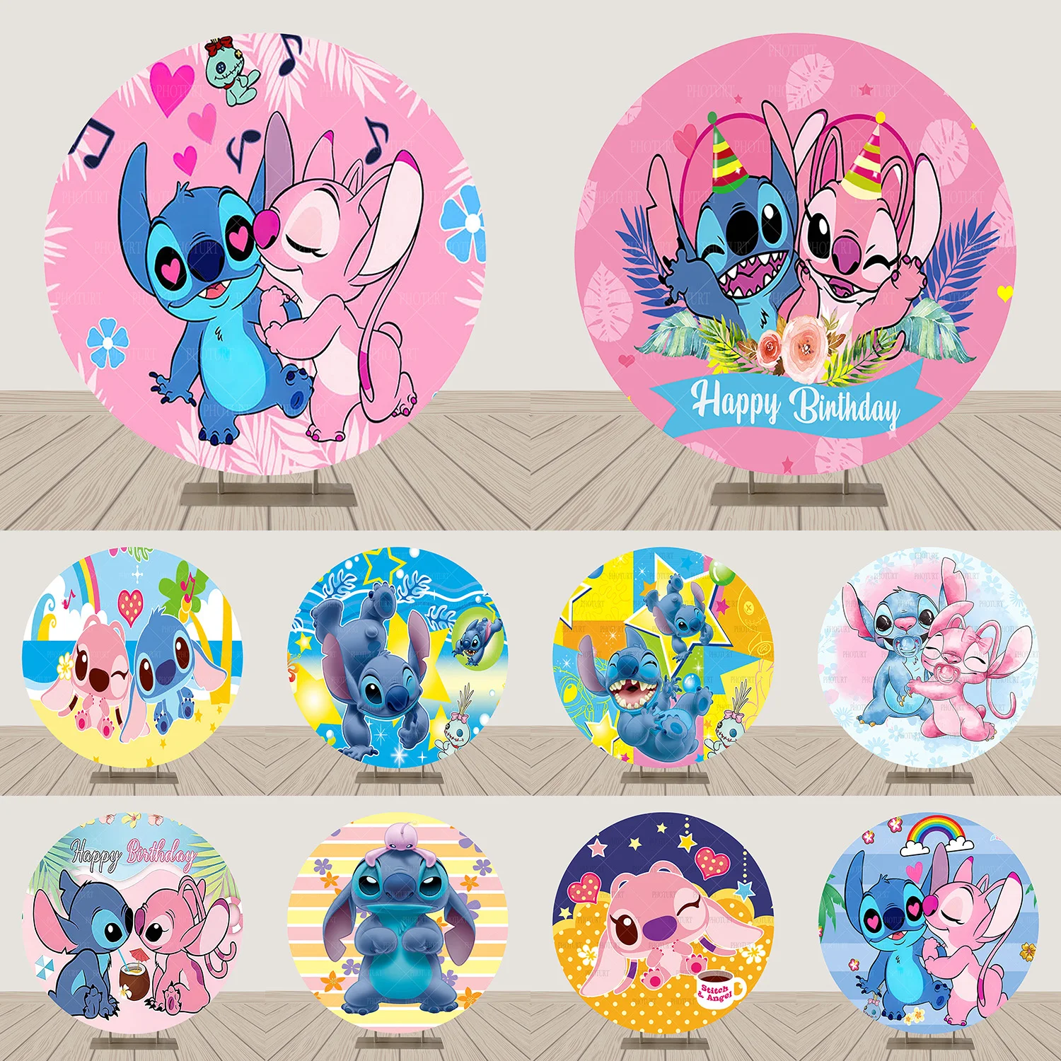 Round-Disney-Stitch-and-Angel-Background-Kids-Birthday-Party-Baby ...