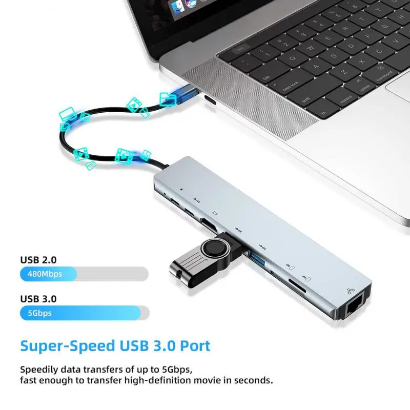 RYRA USB3.0 HUB Type C To 8 Ports USB HUB 4K HDMI RJ45 USB3.0 Adapter ...