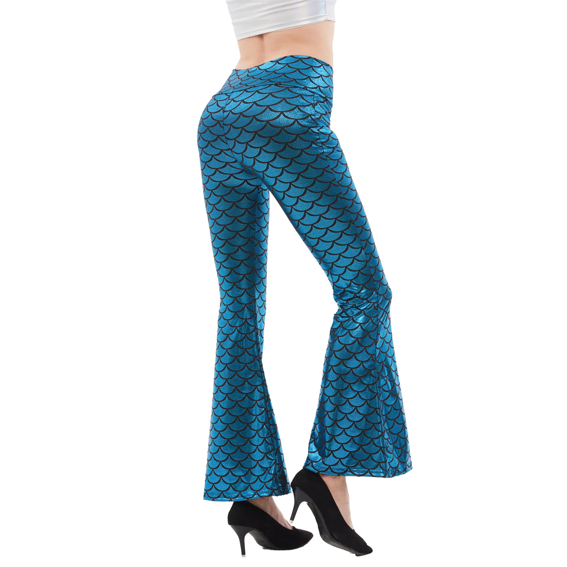 High Waist Mermaid Fish Scale Gilded Flared Trousers Wide Leg Leggings ...
