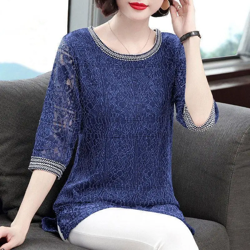 Office Lady Solid Color Bright Silk Midi T-shirt Elegant Lace Hollow ...