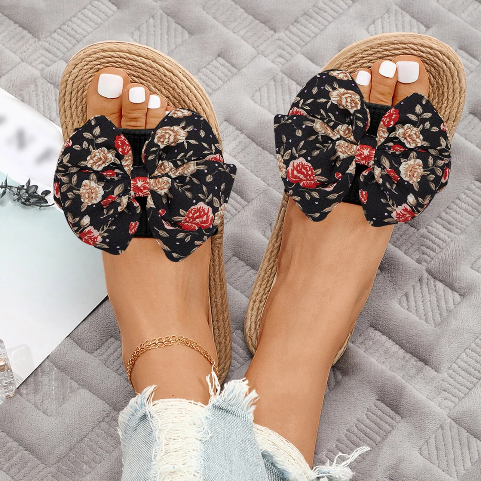 Women-Summer-Beach-Slippers-Flowers-Print-Bow-Flat-Open-Toe-Slippers ...