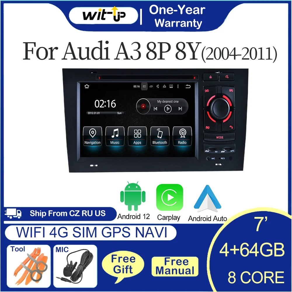 Wit-Up for Audi A3 8Y 8P 4+64GB 7"Android 12 Touch Screen Radio Stereo GPS Navi Head Unit DVD ...