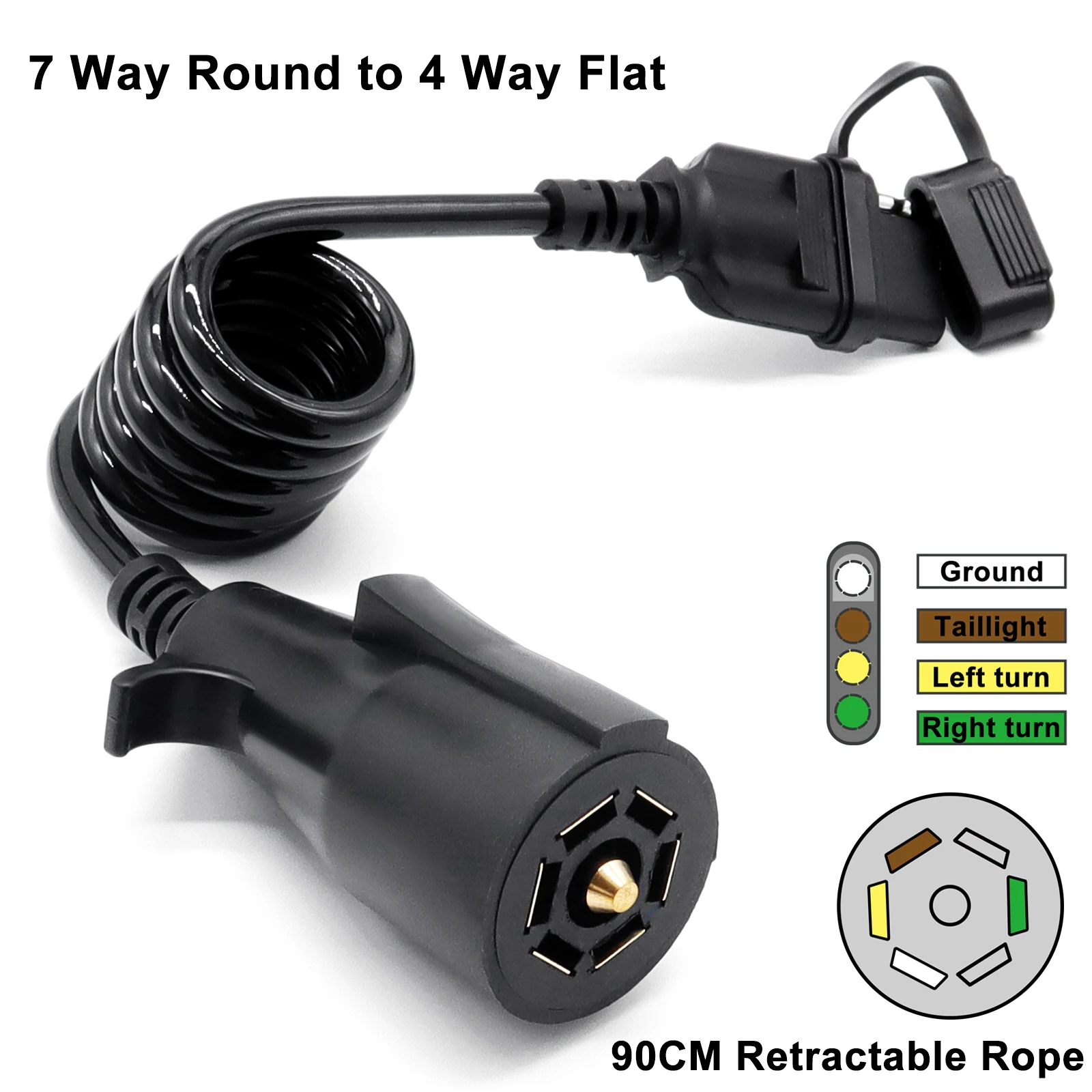 7 Way Round to 4 Way Pin Flat Trailer Coiled Wiring Harness Connector ...
