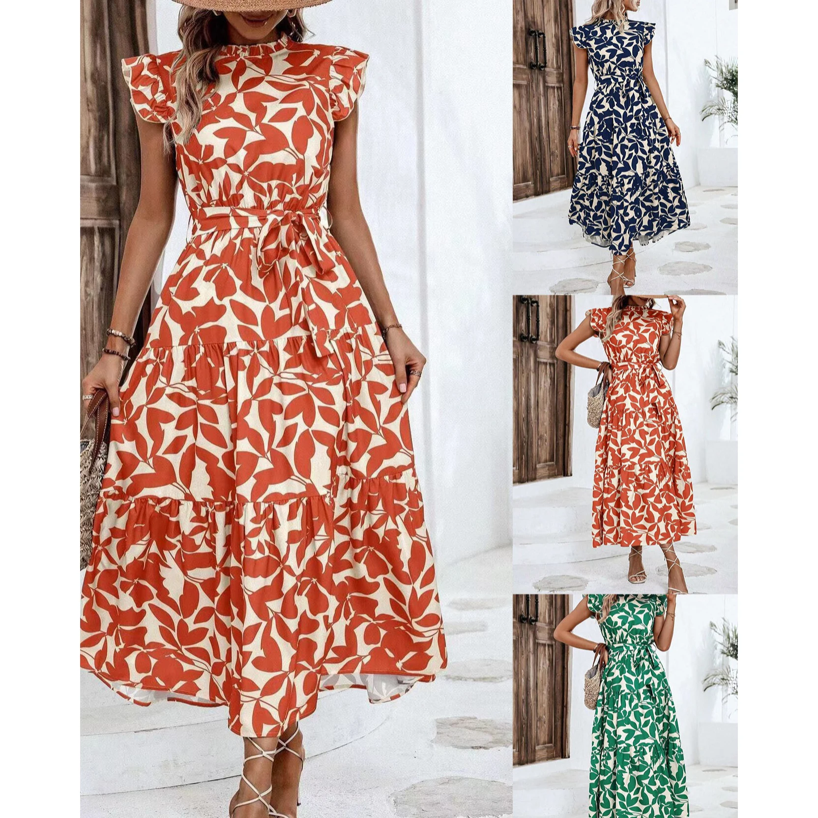 Floral Print Ruffles Women Dress Summer Sexy V Neck Short Sleeve A Line ...