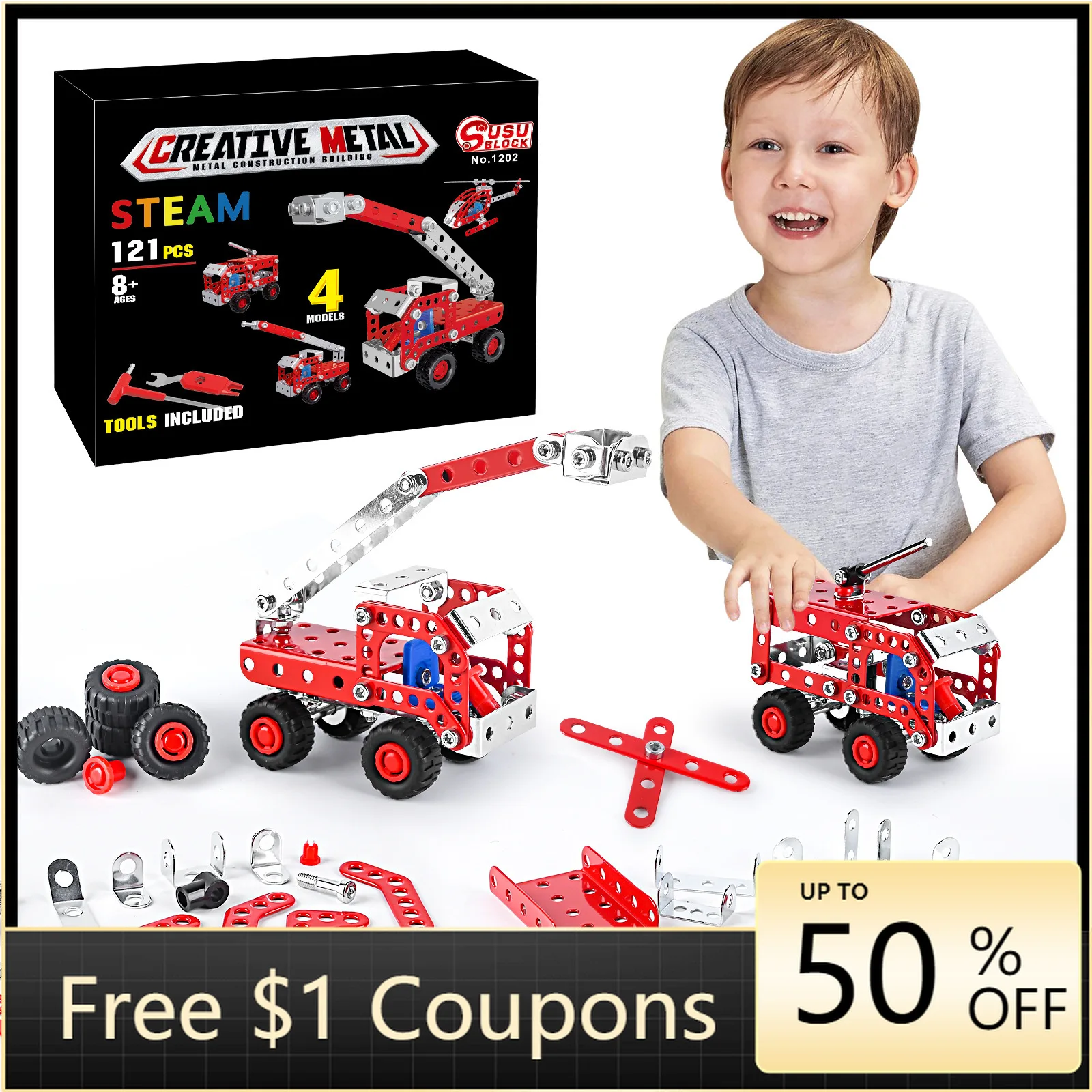 4-In-1-STEAM-Brick-Building-Metal-Fire-Truck-Military-Series-Assembled ...