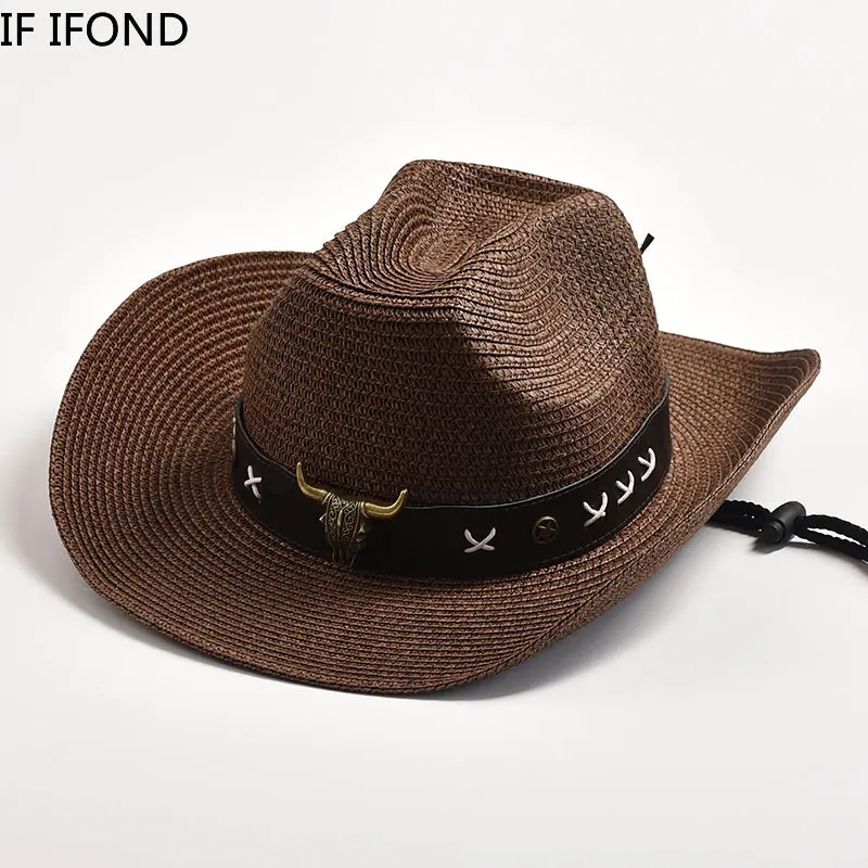 New-Straw-Western-Cowboy-Hats-with-Metal-Bull-Head-Decoration-Gentleman ...