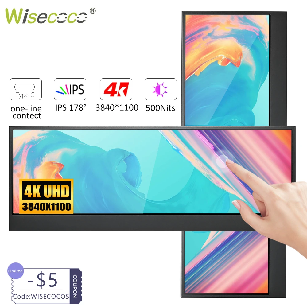 Wisecoco 14 4K 3840 x 1100 Touch Secondary Screen Monitor Bar Dual ...