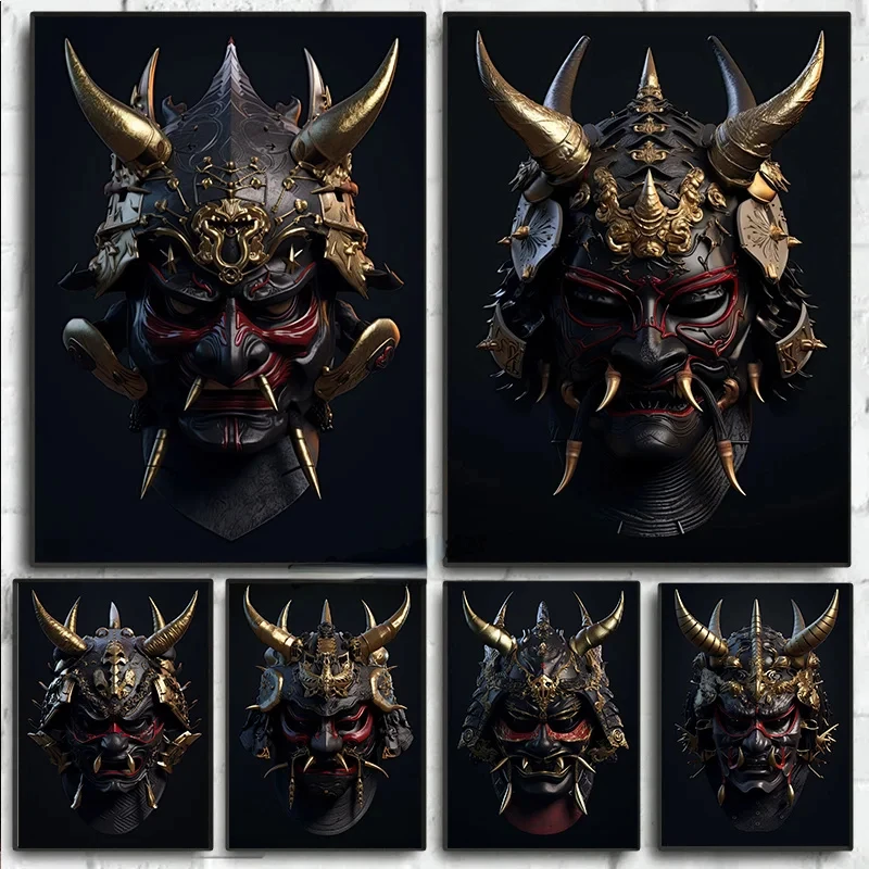 Japanese-Black-Golden-Samurai-Mask-Warrior-Bushido-Art-Posters-Canvas ...