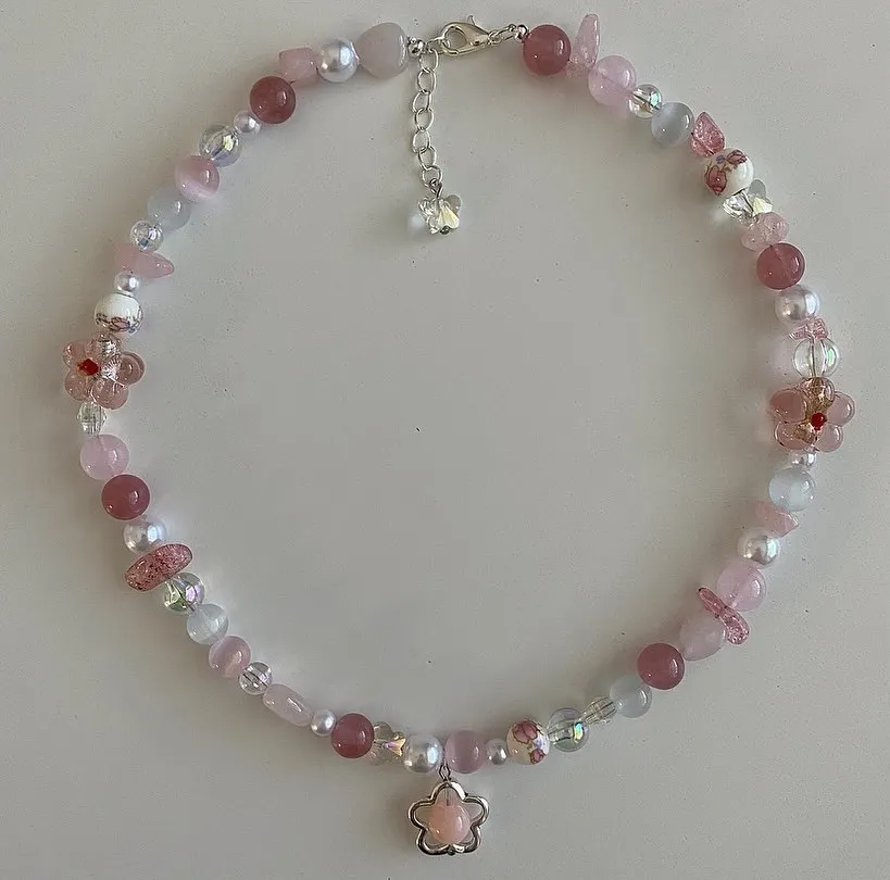 Handmade-Strawberry-Quartz-Spring-Necklace-Beaded-Y2K-Necklace-Choker ...