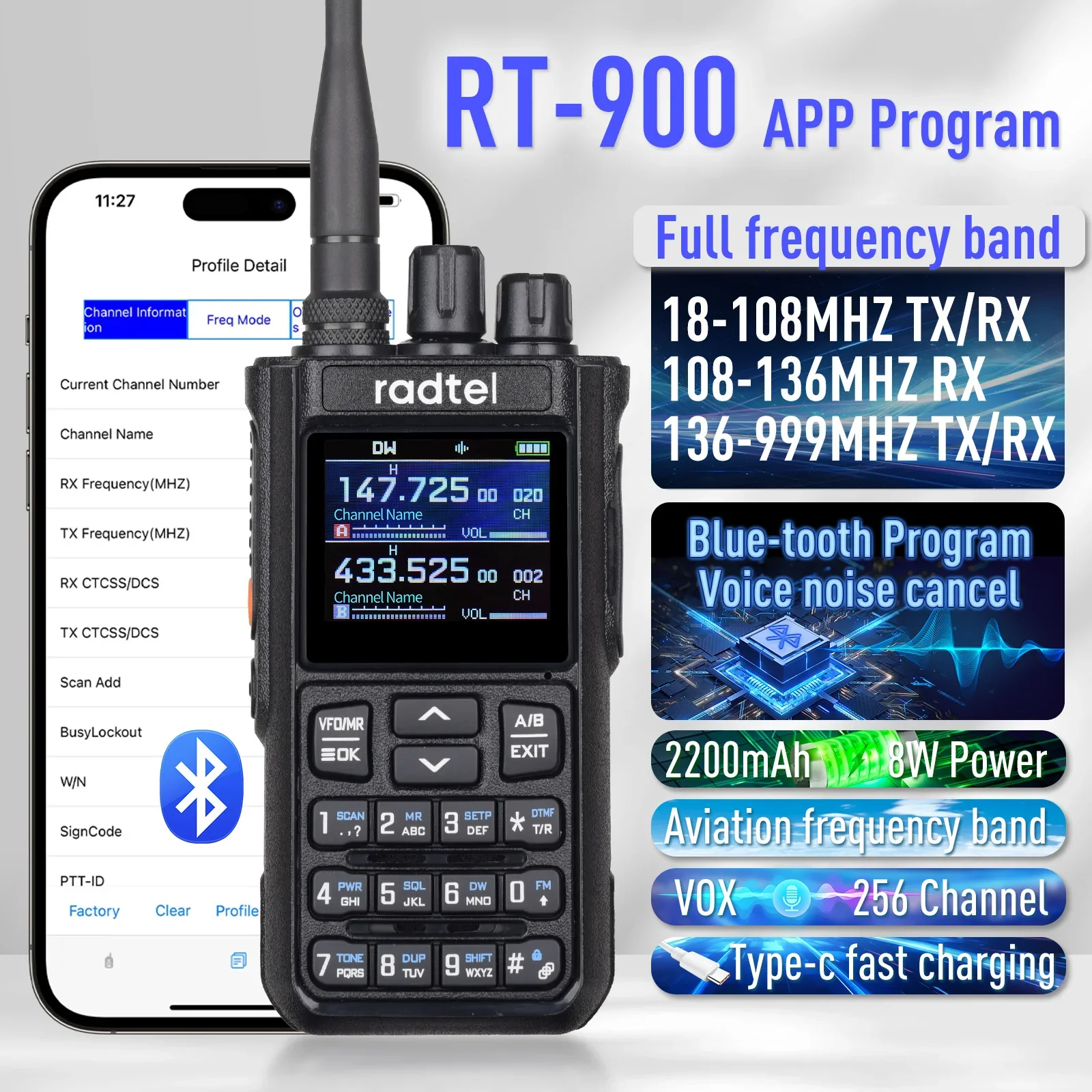 Radtel-RT-900-8W-Full-band-Ham-Radio-Walkie-Talkie-256CH-Air-Band-Two ...