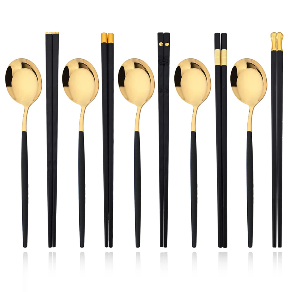 10Pcs-Black-Gold-Stainless-Steel-Food-Chopsticks-Spoon-Set-Long-Handle ...
