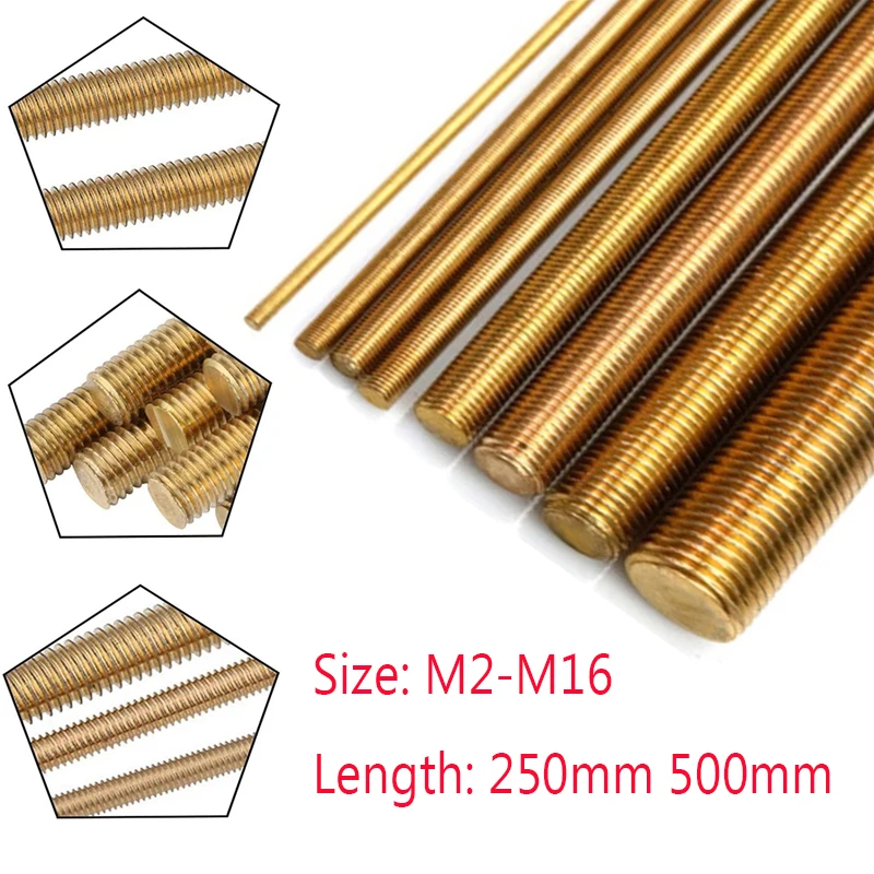 Brass Thread Rod M2 M2.5 M3 M4 M5 M6 M8 M10 M12 M14 M16 Length 250mm ...