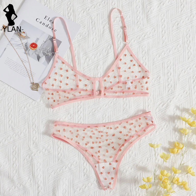Women's Underwear Set Love Printing Sexy Lingerie Mesh Bra Brief Sets ...