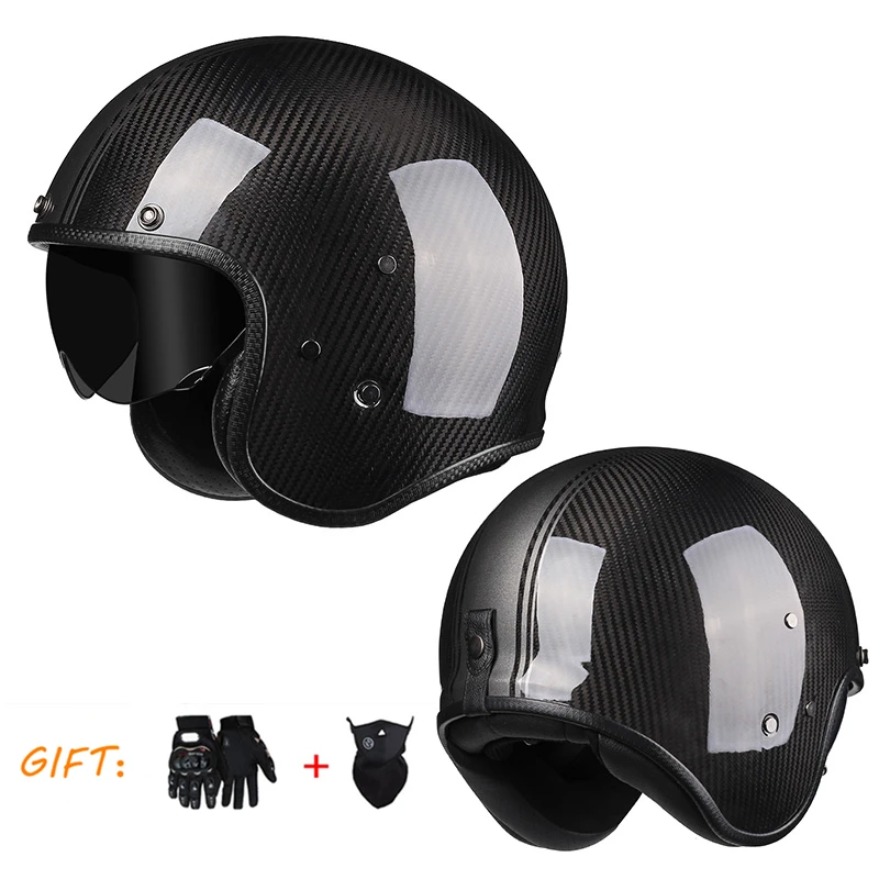 Genuine Carbon Fiber Cafe Racer Motorcycle Vintage Open Face Helmet Jet ...