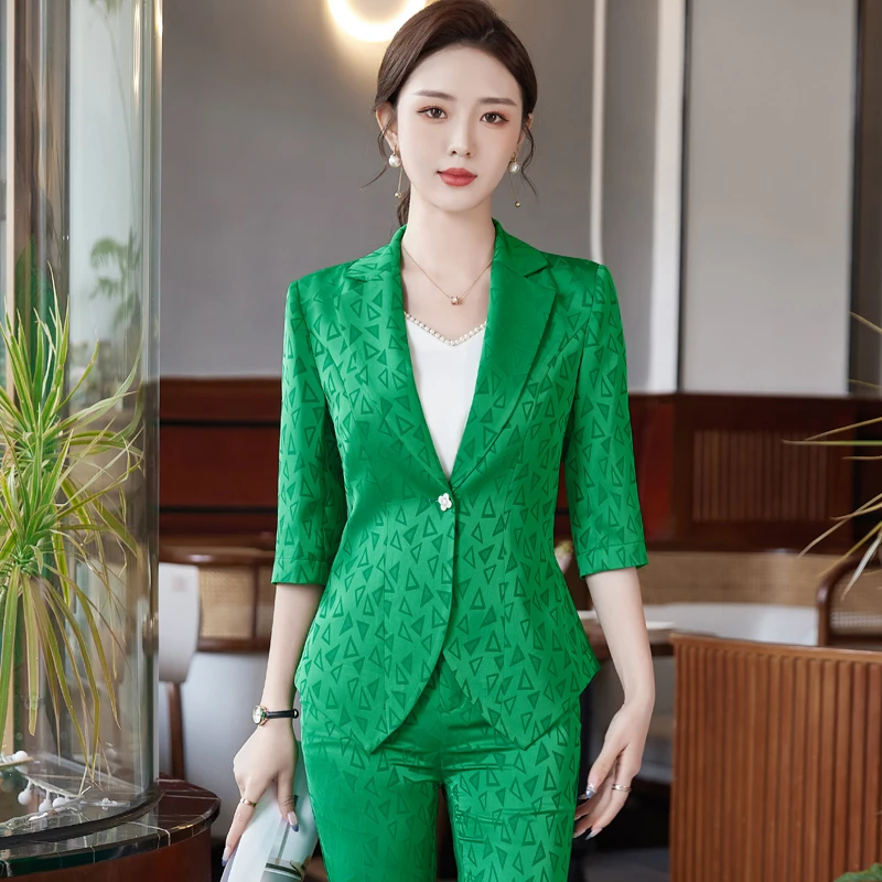 우아한 싱글 브레스트 슬림 프린트 캐주얼 블레이저 재킷과 반바지 세트 여성용 한국 스타일 2 피스세트 2023 봄 상품