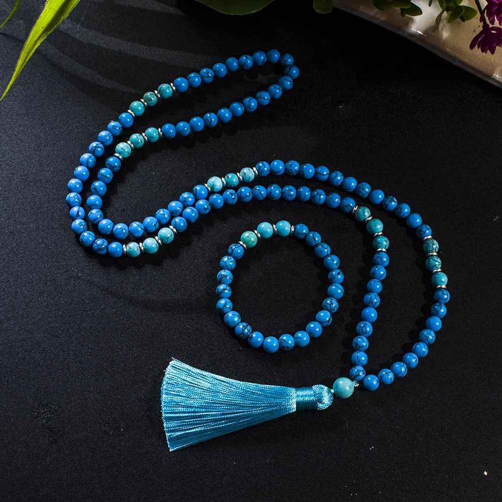 8mm Blue Turquoise Beads 108 Mala Necklace Meditation Yoga Prayer ...