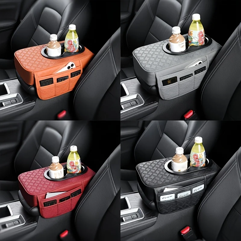 Universal Car Console Organizer Faux Leather Armrest Cover 2 Pockets 2 ...