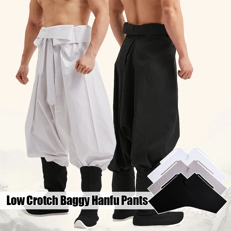 2024Men Wide Leg Pants Drop Low Crotch Baggy Hanfu Pants Belted Harem ...