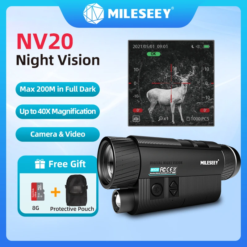 Mileseey-NV20 적외선 야간 투시경 장치, 단안 카메라, 야외 디지털 망원경, 주야간 이중 사용, 사냥용