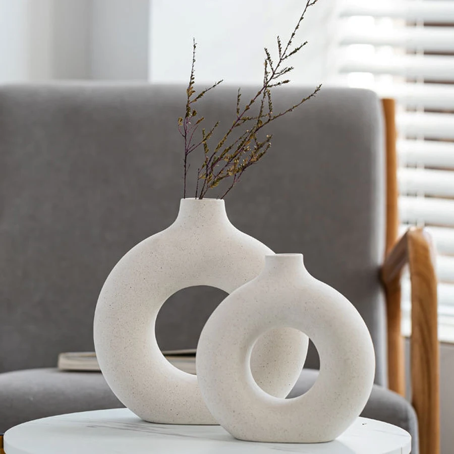 Nordic Vase Circular Hollow Ceramic Donuts Flower Pot Home Living Room ...